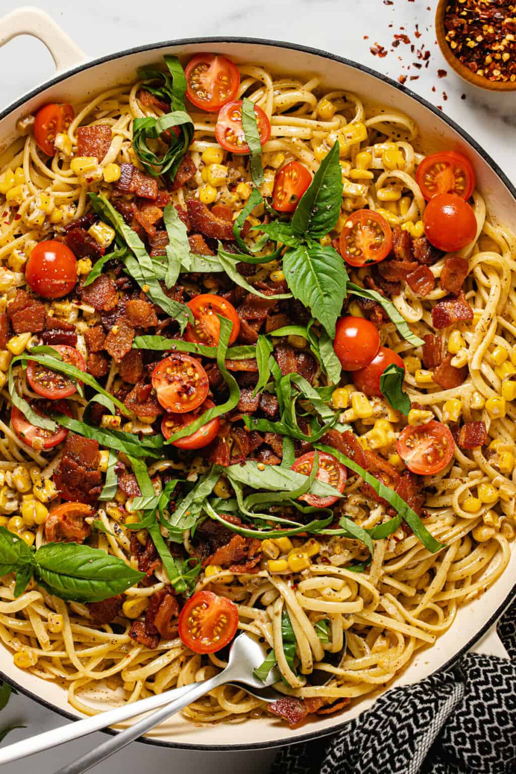 Bacon Pasta with Corn and Basil - Midwest Foodie