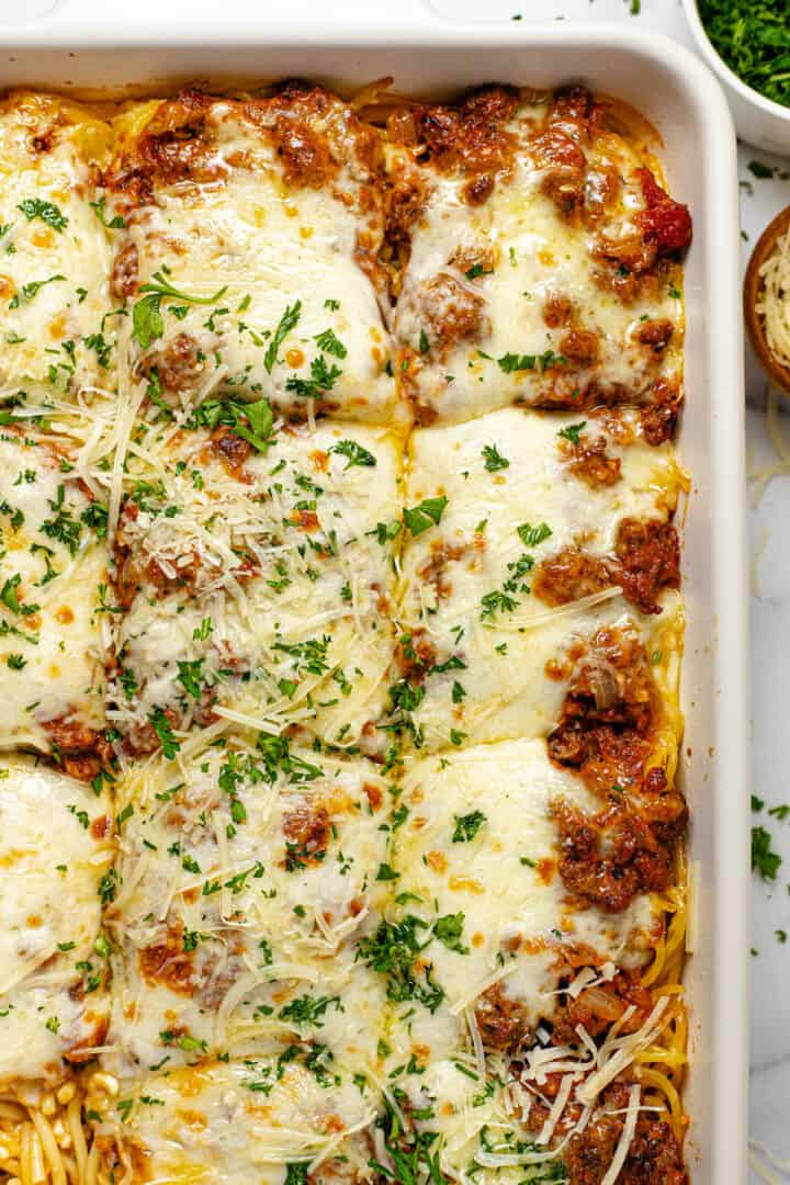 Cheesy Baked Spaghetti Recipe with Ground Beef - Midwest Foodie