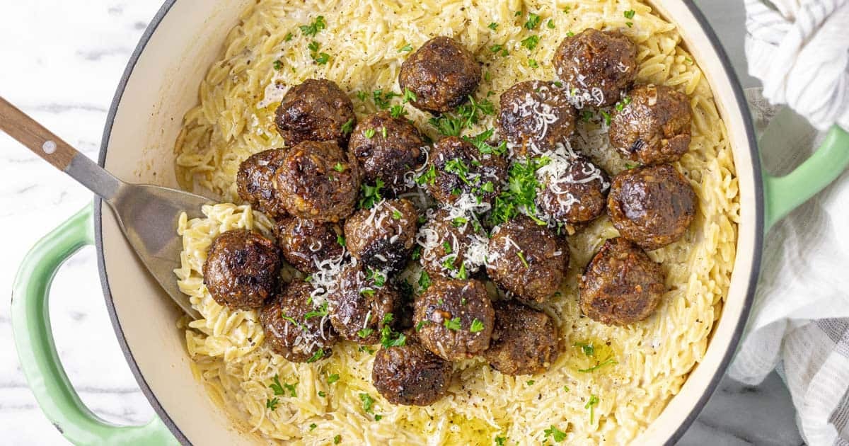 French Onion Meatballs with Cheesy Orzo - Midwest Foodie