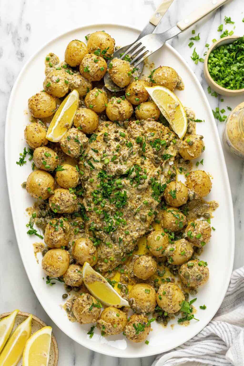 Baked Fish and Potatoes with Mustard Cream Sauce - Midwest Foodie